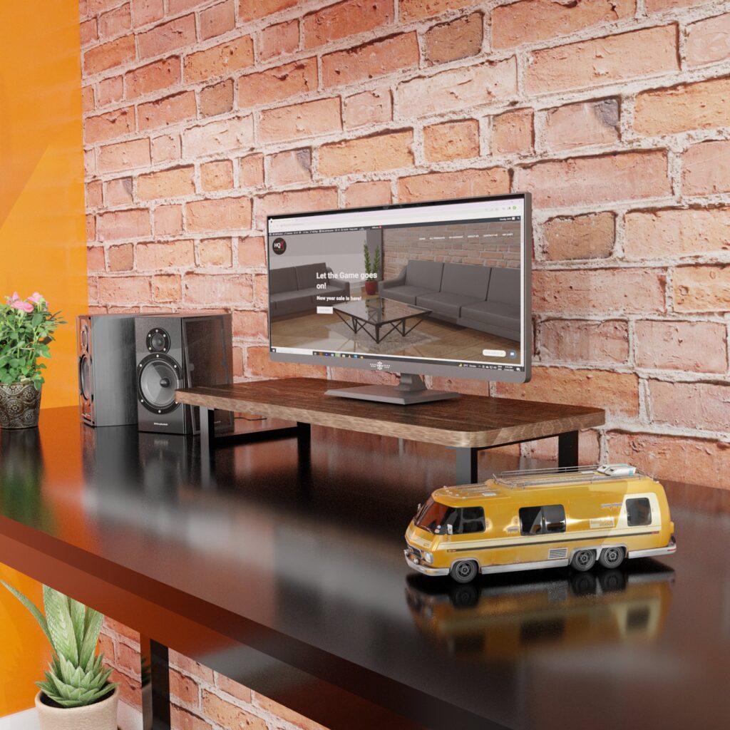 Rustic Brown Monitor Stand with Iron Frame - HQX Furniture